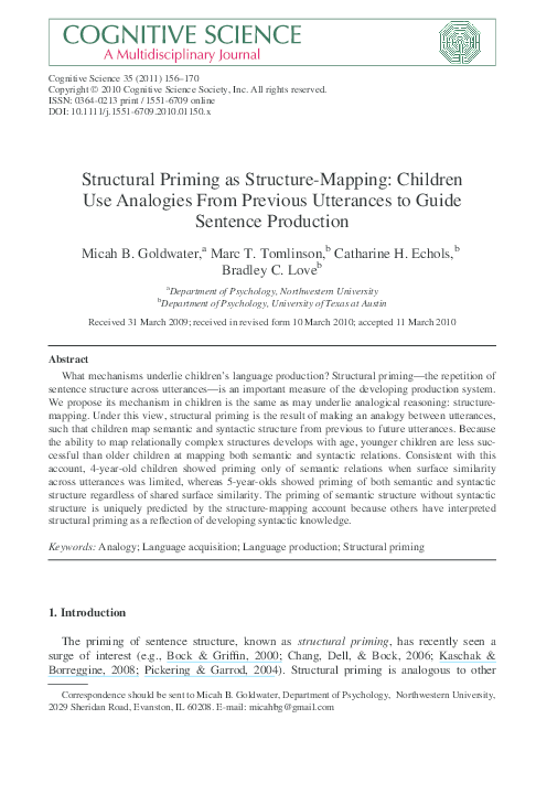 (PDF) Structural Priming as Structure-Mapping: Children Use Analogies From Previous Utterances ...