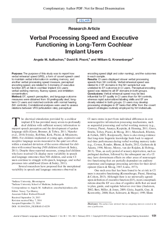 (PDF) Verbal Processing Speed and Executive Functioning in Long-Term ...
