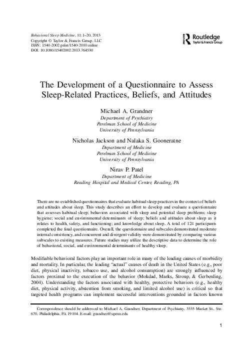 (PDF) The Development of a Questionnaire to Assess Sleep-Related ...