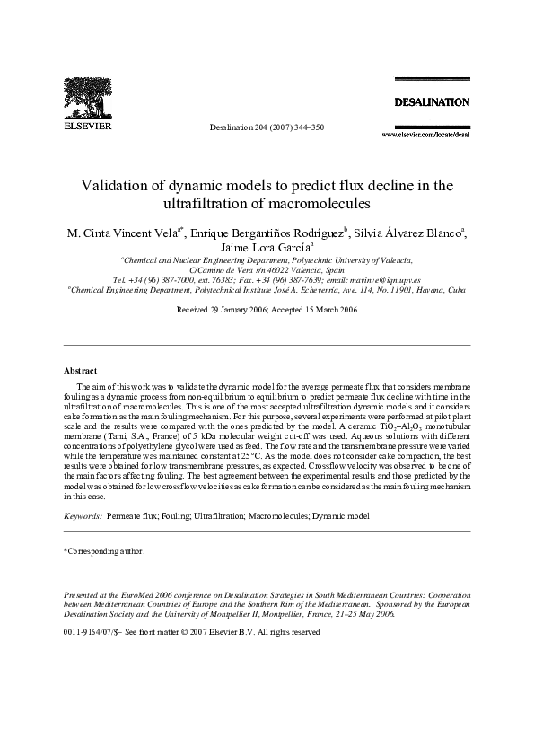 (PDF) Validation of dynamic models to predict flux decline in the ultrafiltration of macromolecules