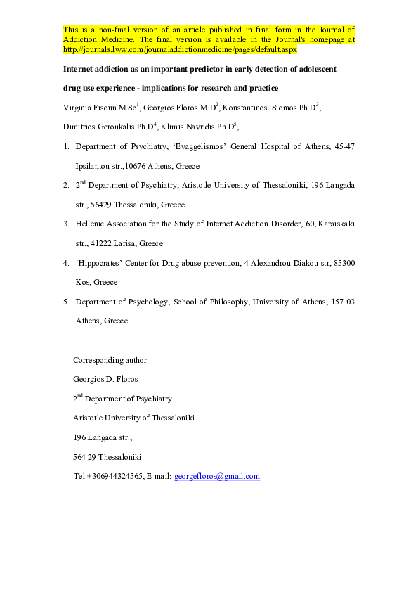 (PDF) Internet addiction as an important predictor in early detection of adolescent drug use ...
