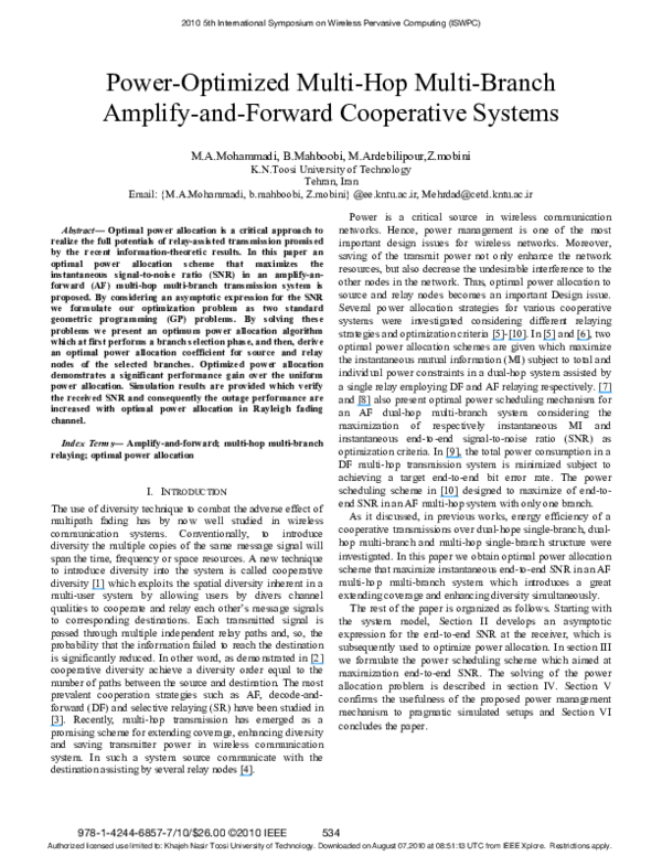 Pdf Power Optimized Multi Hop Multi Branch Amplify And Forward