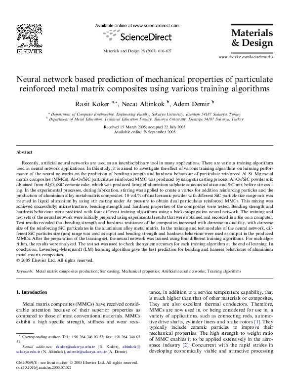 (PDF) Neural network based prediction of mechanical properties of particulate reinforced metal ...