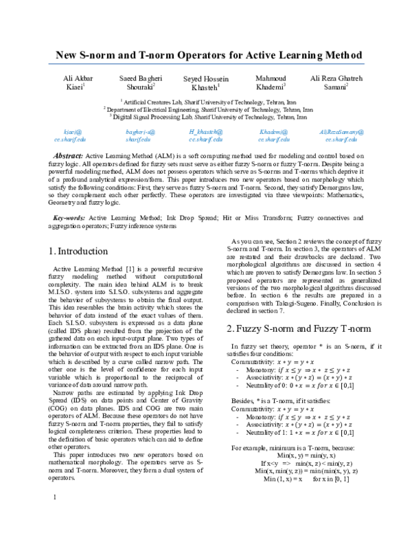 Pdf New S Norm And T Norm Operators For Active Learning Method