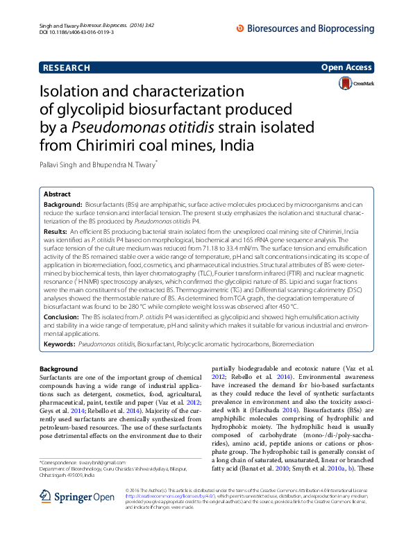 Pdf Isolation And Characterization Of Glycolipid Biosurfactant Produced By A Pseudomonas