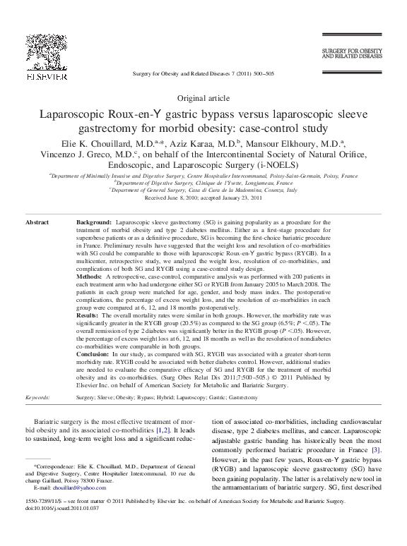 (PDF) Laparoscopic Roux-en- Y gastric bypass versus laparoscopic sleeve gastrectomy: a case ...