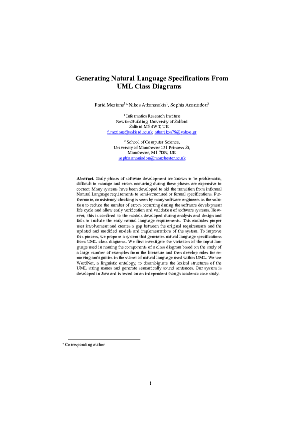 (PDF) Generating Natural Language specifications from UML class diagrams (PDF) Generating Natural Language specifications from UML class diagrams