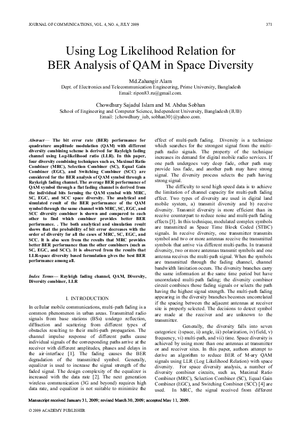 Pdf Using Log Likelihood Relation For Ber Analysis Of Qam In Space