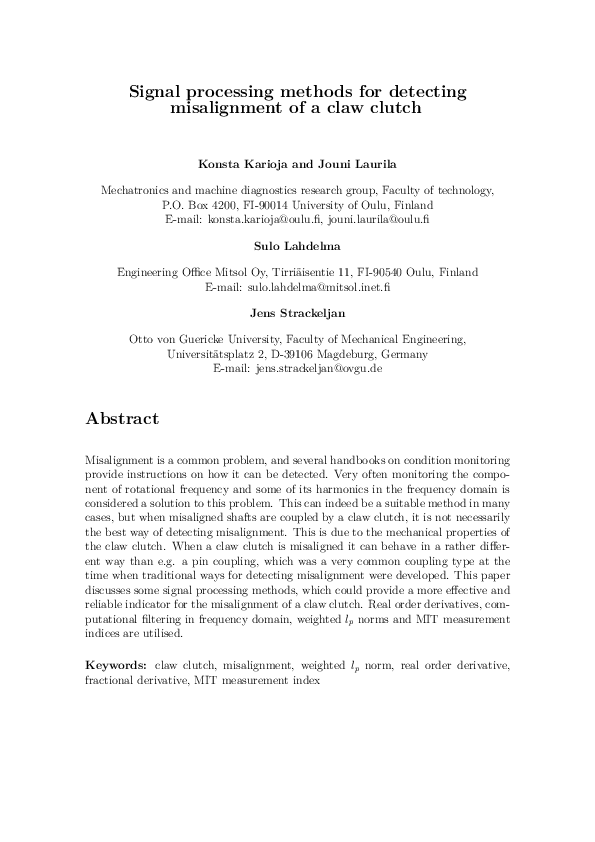 Pdf Signal Processing Methods For Detecting Misalignment Of A Claw Clutch