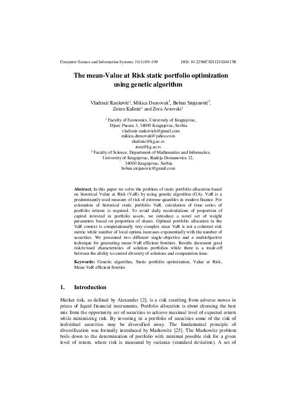The Mean Value At Risk Static Portfolio Optimization Using Genetic Algorithm