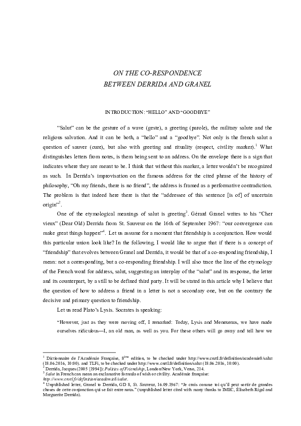 (PDF) ON THE CO-RESPONDENCE BETWEEN JACQUES DERRIDA AND GÉRARD GRANEL ...