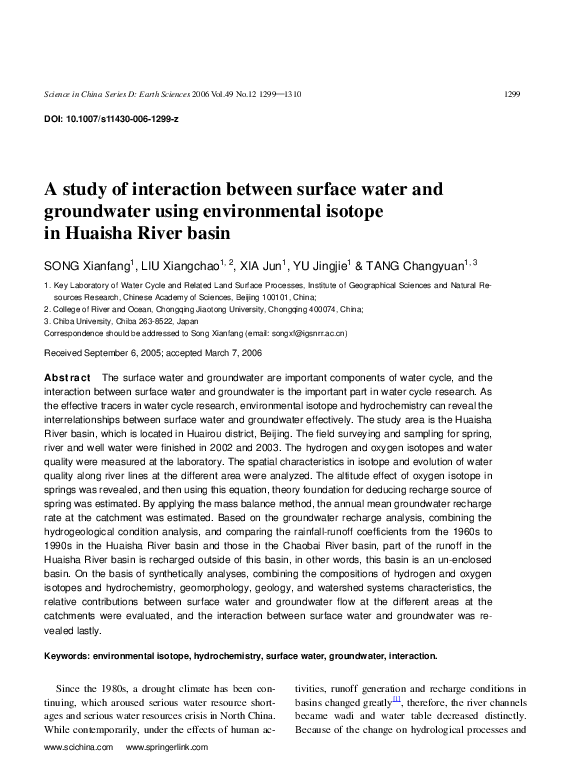 (PDF) A study of interaction between surface water and groundwater using environmental isotope ...