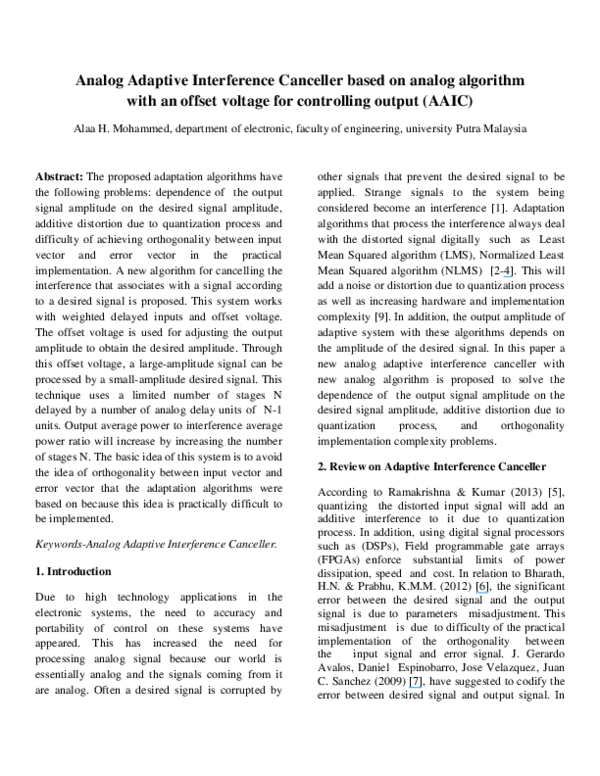 Pdf Analog Adaptive Interference Canceller Based On Analog Algorithm