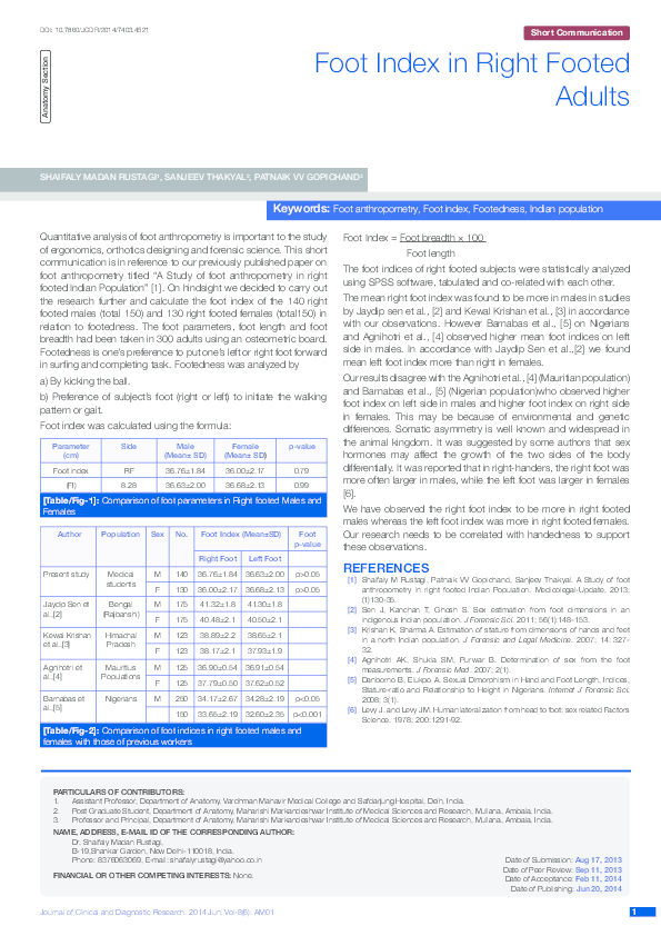 (PDF) Foot Index in Right Footed Adults