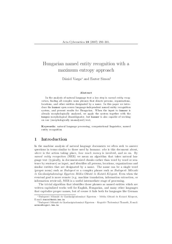 Pdf Hungarian Named Entity Recognition With A Maximum Entropy Approach