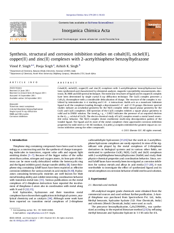 (PDF) Synthesis, structural and corrosion inhibition studies on cobalt(II), nickel(II), copper ...