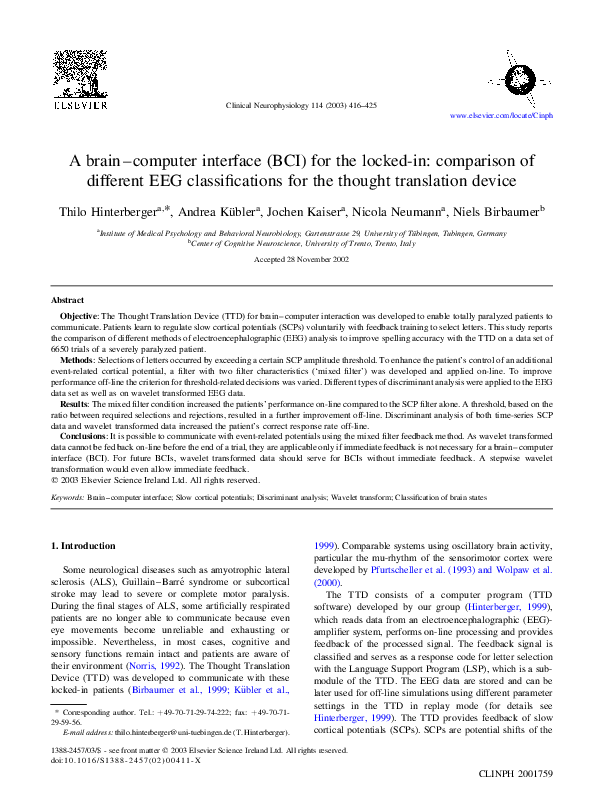 (PDF) A brain–computer interface (BCI) for the locked-in: comparison of different EEG ...