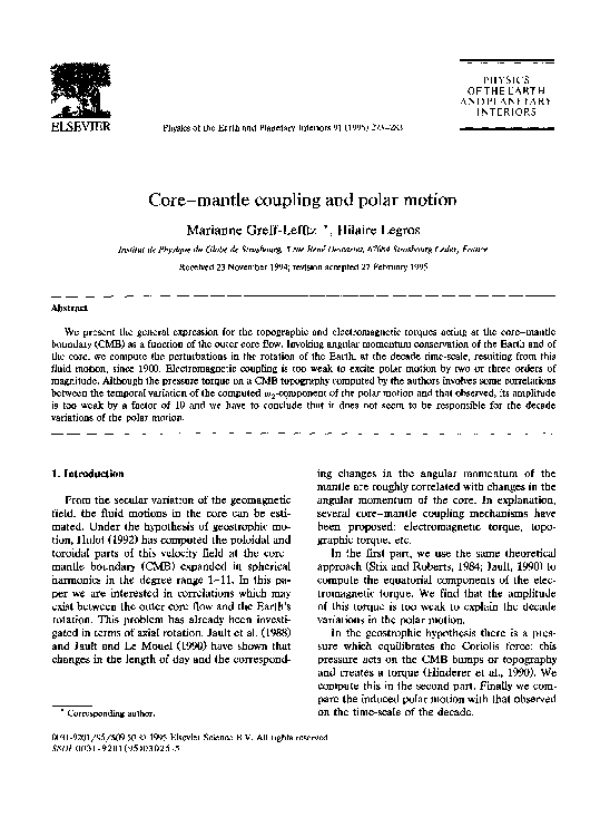 (PDF) Core-mantle coupling and polar motion