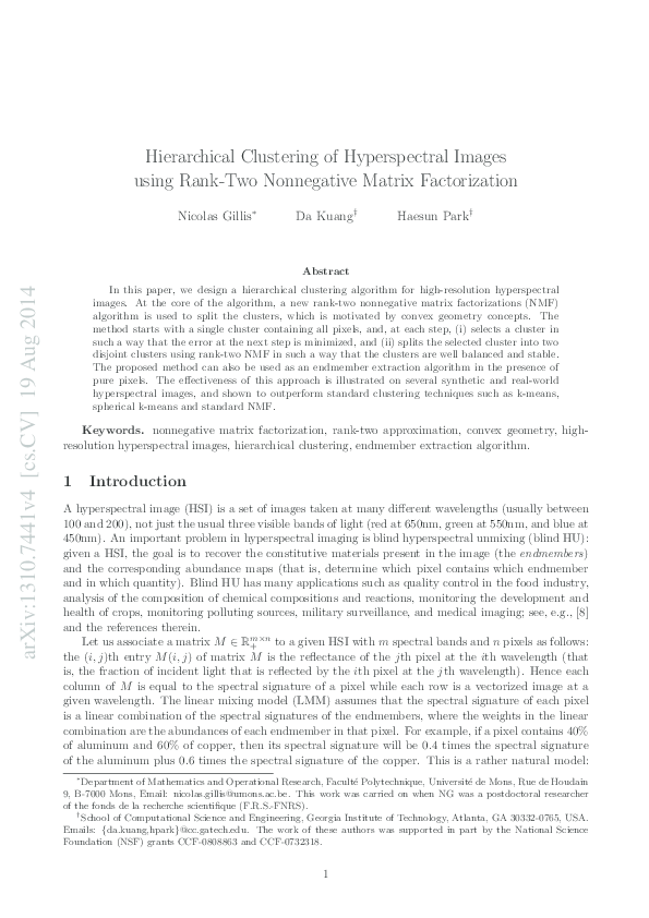 Pdf Hierarchical Clustering Of Hyperspectral Images Using Rank Two Nonnegative Matrix