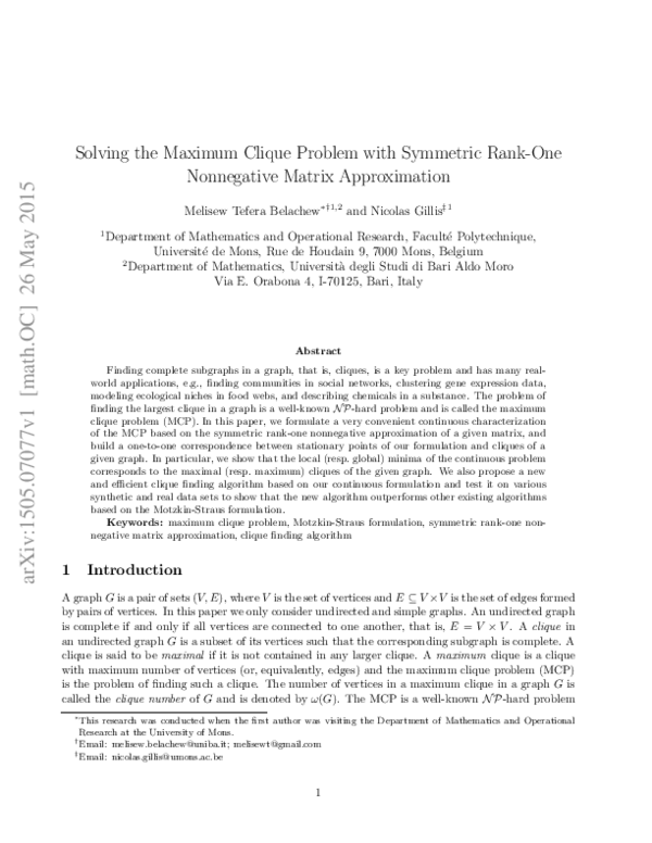 (PDF) Solving the Maximum Clique Problem with Symmetric Rank-One ...