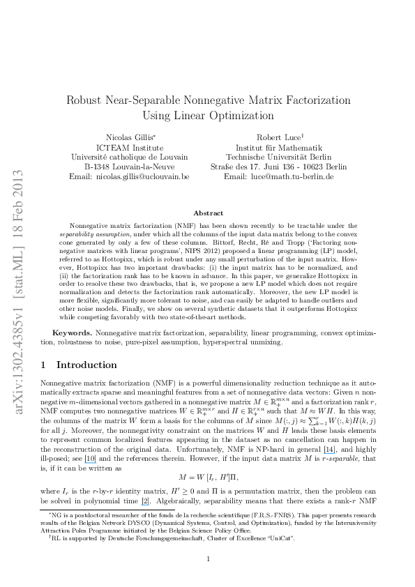 Pdf Robust Near Separable Nonnegative Matrix Factorization Using Linear Optimization