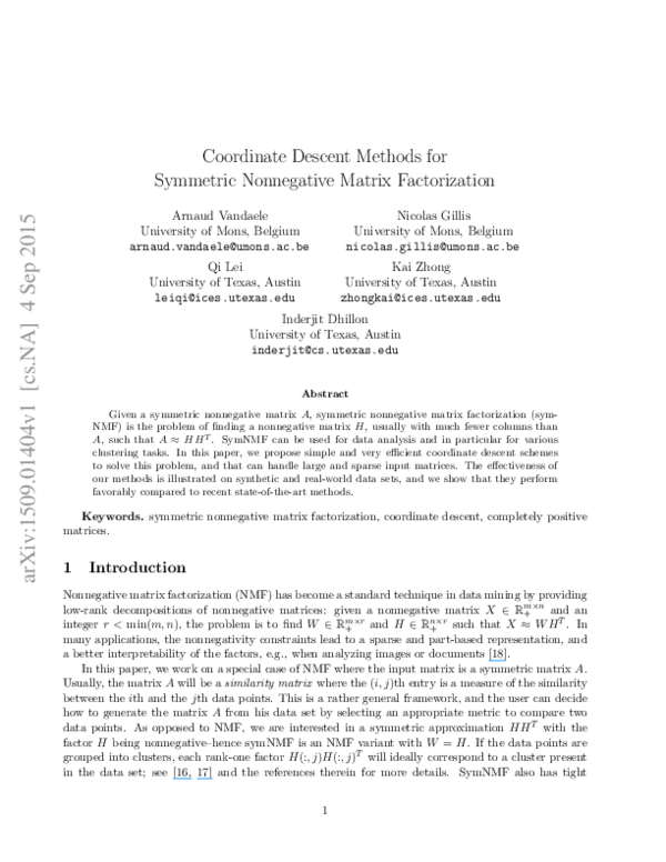 Pdf Coordinate Descent Methods For Symmetric Nonnegative Matrix Factorization