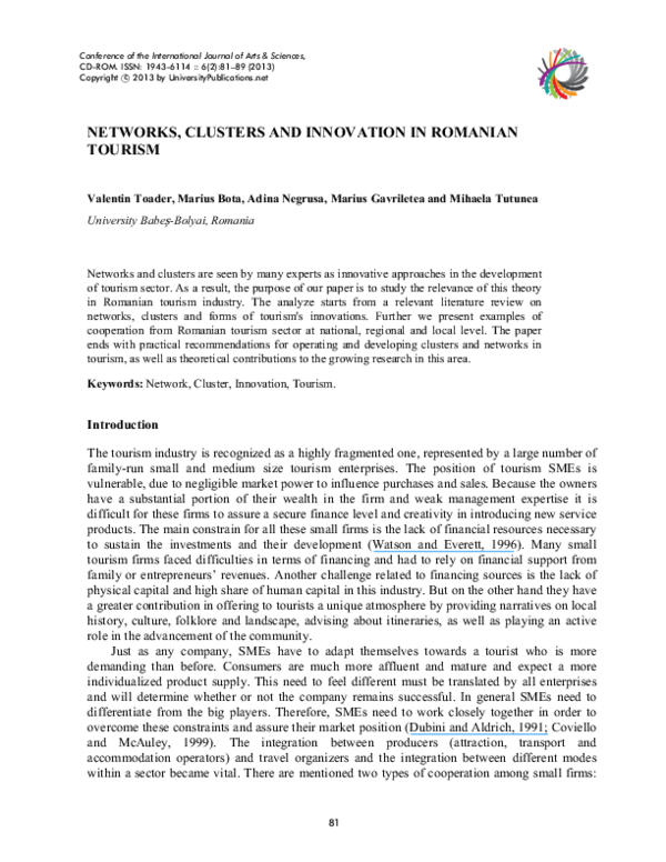 (PDF) Networks, Clusters and Innovation in Romanian Tourism | Valentin ...