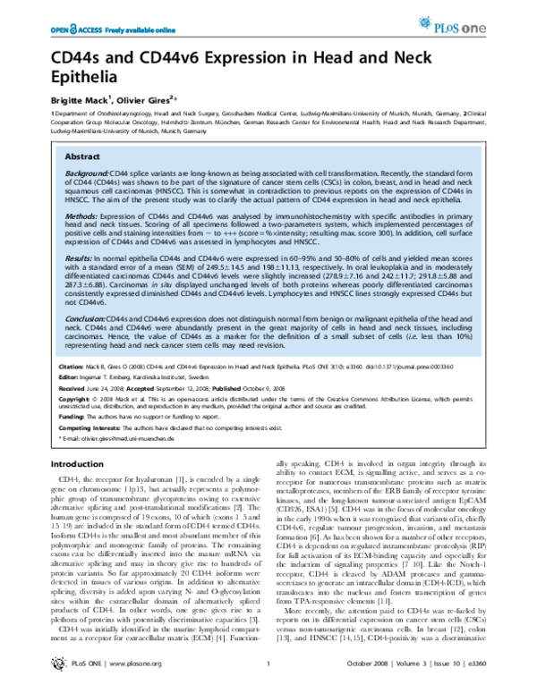 (PDF) CD44s and CD44v6 Expression in Head and Neck Epithelia | Olivier ...