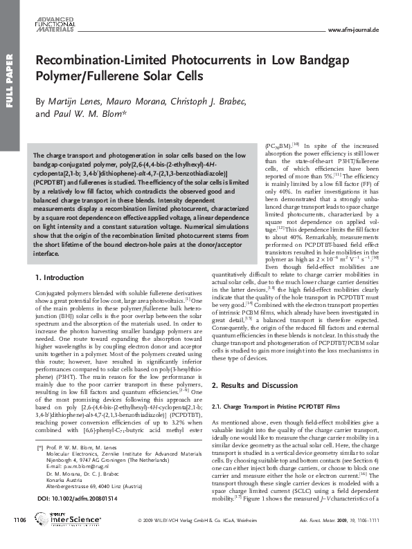 (PDF) Recombination-Limited Photocurrents in Low Bandgap Polymer/Fullerene Solar Cells