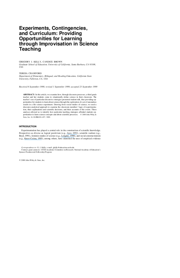 (PDF) Experiments, contingencies, and curriculum: Providing ...