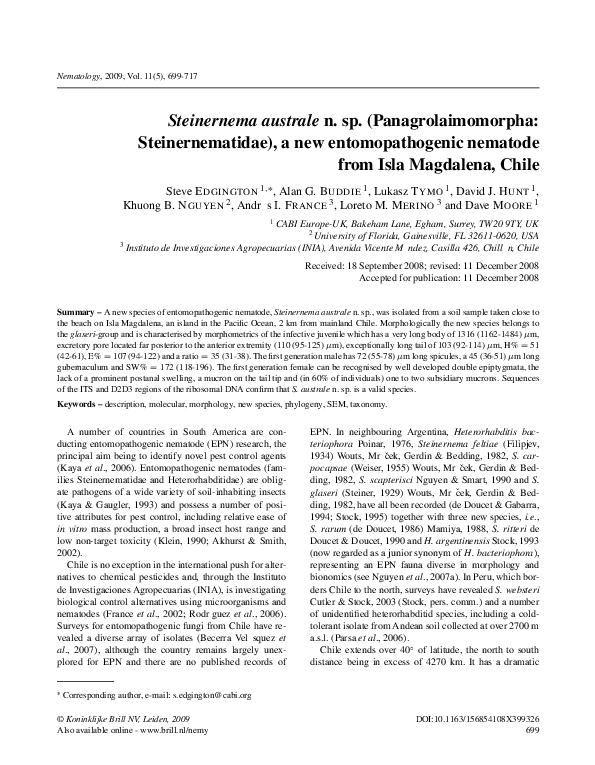(PDF) Steinernema australe n. sp. (Panagrolaimomorpha: Steinernematidae), a new entomopathogenic ...