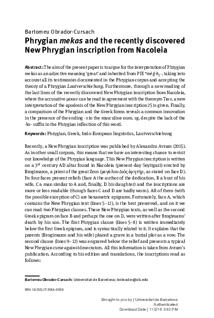 Phrygian mekas and the recently discovered New Phrygian inscription ...