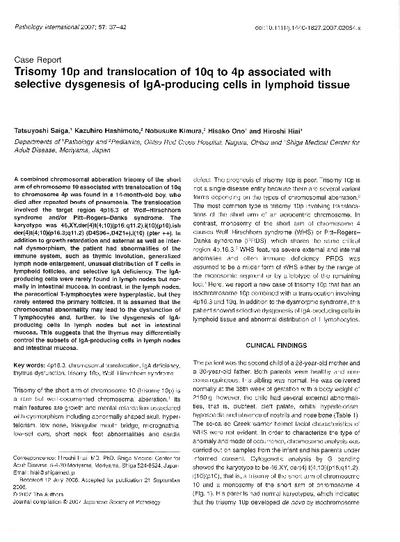 (PDF) Trisomy 10p and translocation of 10q to 4p associated with ...