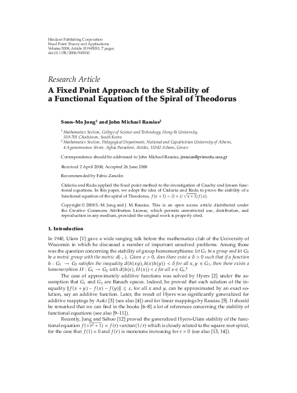 (PDF) A Fixed Point Approach to the Stability of a Functional Equation of the Spiral of Theodorus