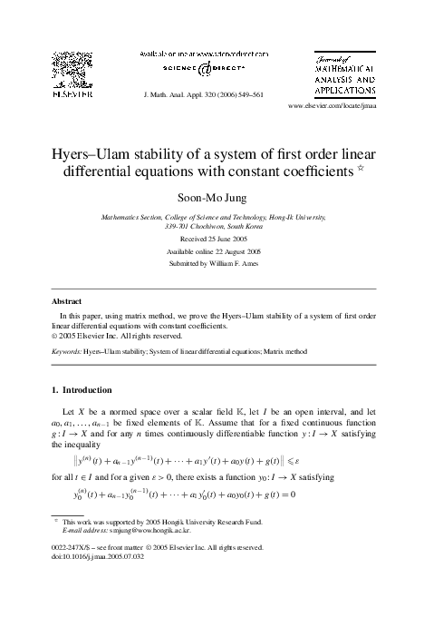 (PDF) Hyers–Ulam stability of a system of first order linear differential equations with ...
