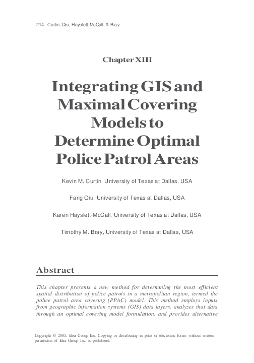 (PDF) Integrating GIS and Maximal Covering Models to Determine Optimal Police Patrol Areas