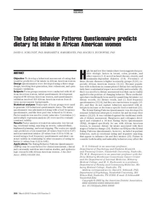 (PDF) The Eating Behavior Patterns Questionnaire predicts dietary fat ...