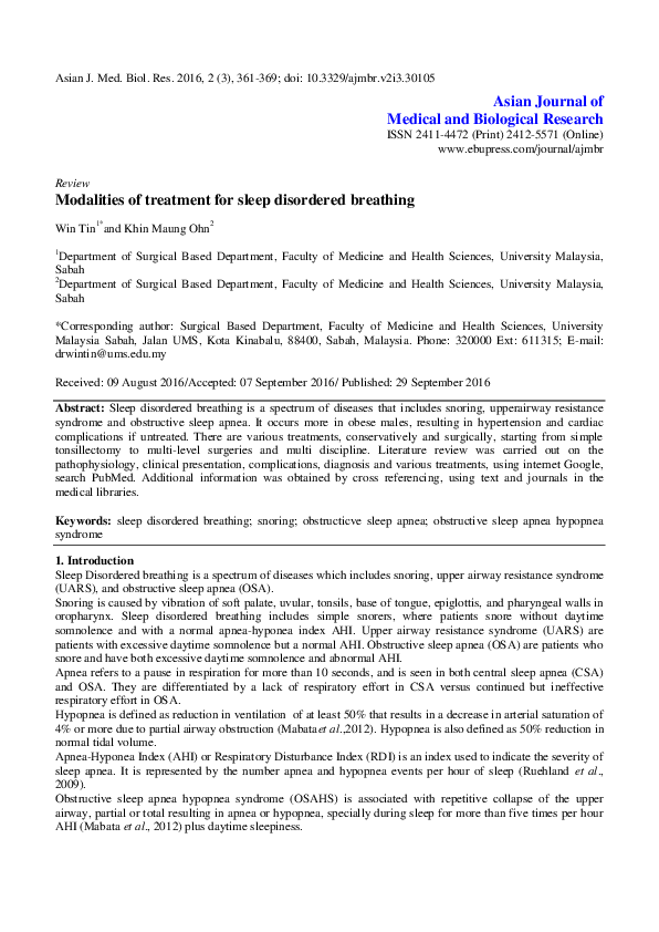 Pdf Modalities Of Treatment For Sleep Disordered Breathing