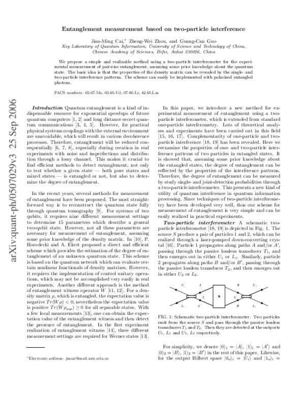 Pdf Entanglement Measurement Based On Two Particle Interference