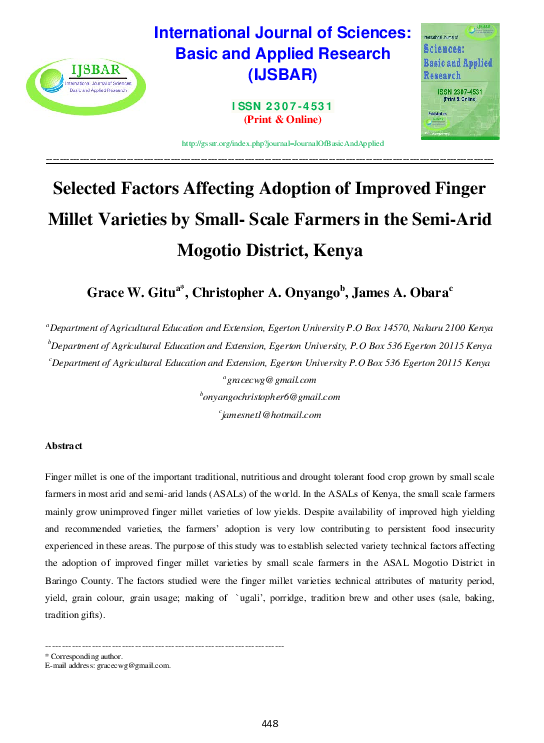 (PDF) Selected Factors Affecting Adoption of Improved Finger Millet Varieties by Small- Scale ...