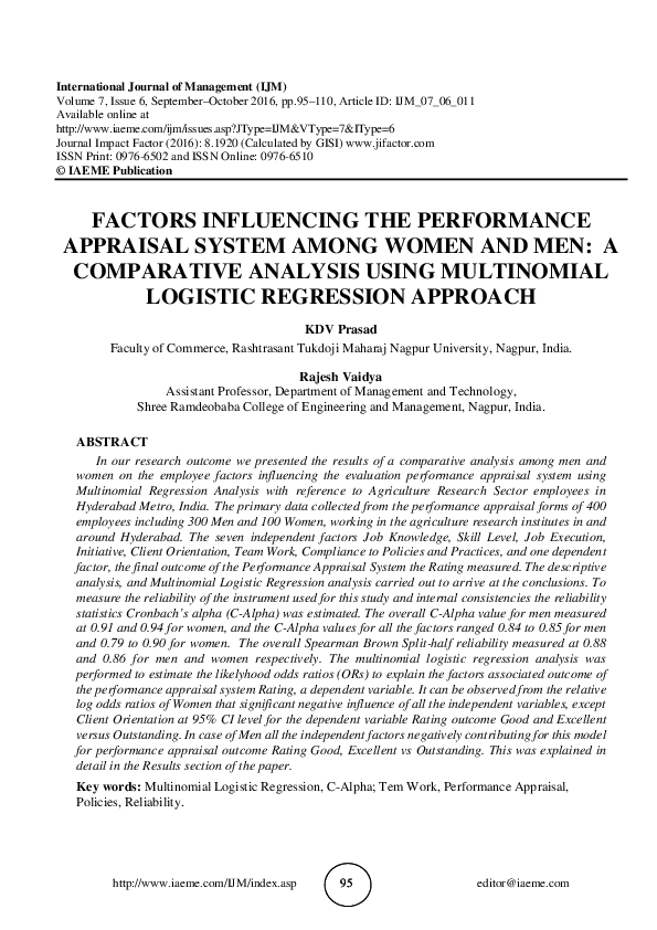 (PDF) FACTORS INFLUENCING THE PERFORMANCE APPRAISAL SYSTEM AMONG WOMEN AND MEN: A COMPARATIVE ...