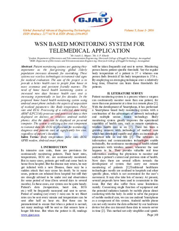 (PDF) WSN BASED MONITORING SYSTEM FOR TELEMEDICAL APPLICATION | Satish Mapari - Academia.edu