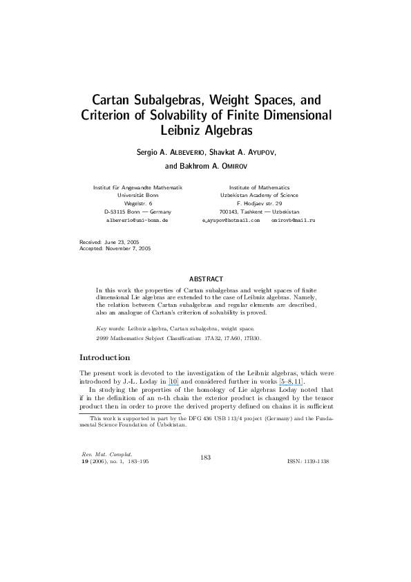 (PDF) Cartan Subalgebras, Weight Spaces, and Criterion of Solvability ...