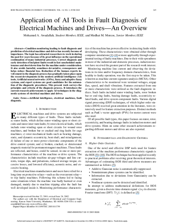 (PDF) Application of AI tools in fault diagnosis of electrical machines and drives-an overview