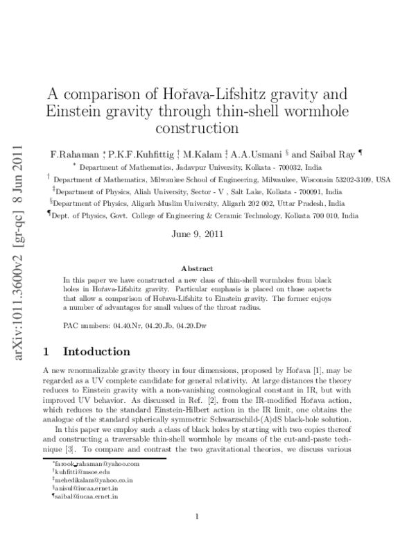 (PDF) A comparison of Ho\v{r}ava-Lifshitz gravity and Einstein gravity through thin-shell ...