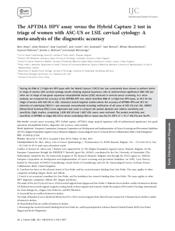 (PDF) The APTIMA HPV assay versus the hybrid capture 2 test in triage ...