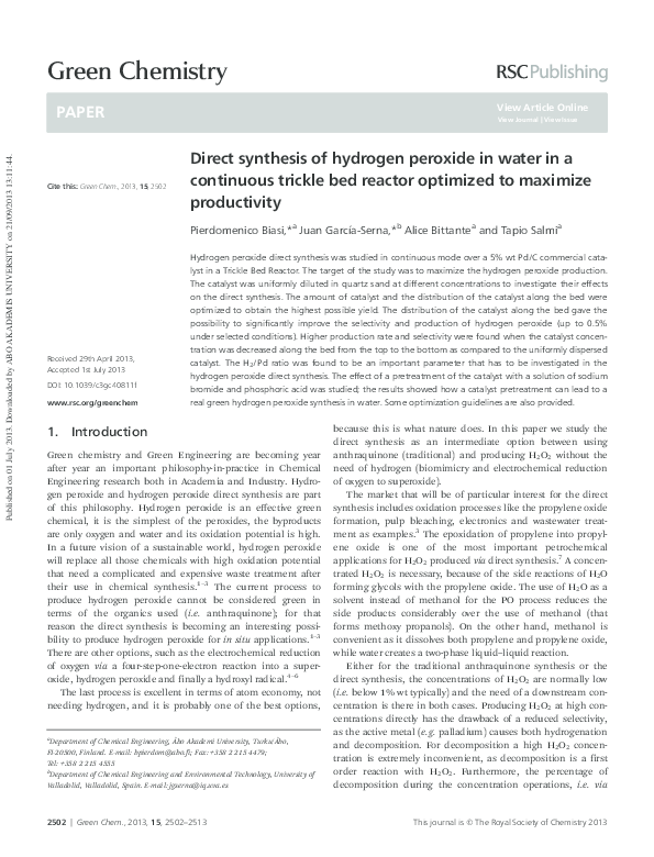 (PDF) Direct synthesis of hydrogen peroxide in water in a continuous ...
