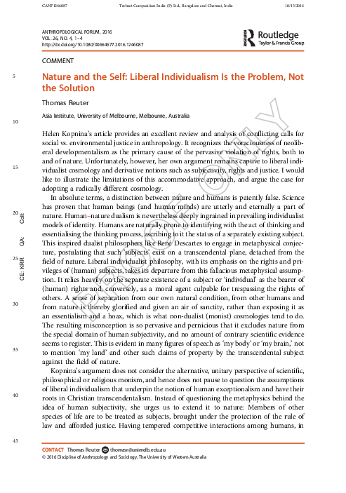(PDF) Nature and the Self: Liberal Individualism Is the Problem, Not ...