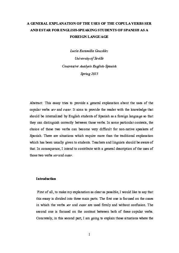 (PDF) A General Explanation of the Uses of the Copula Verbs Ser and ...
