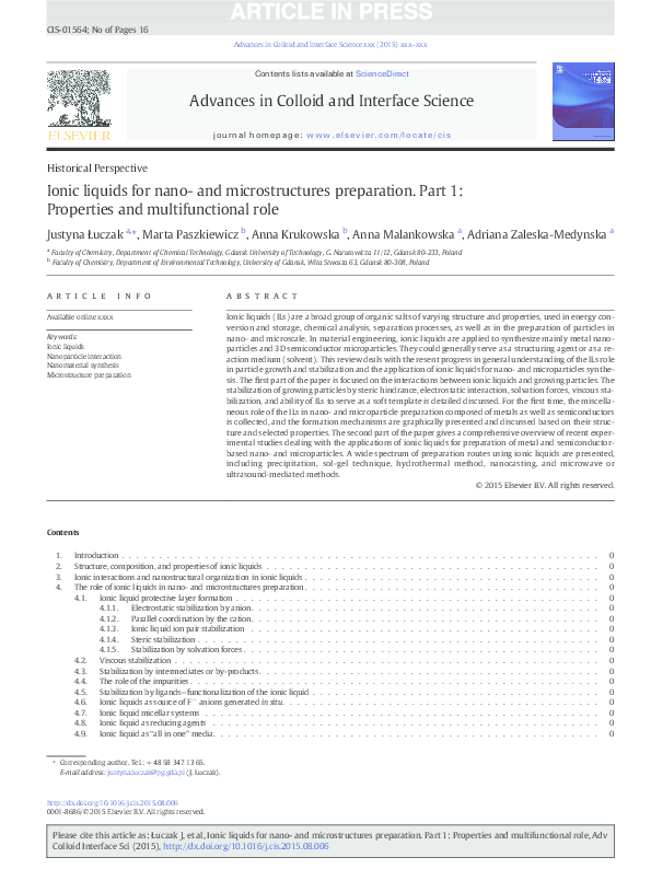 Pdf Ionic Liquids For Nano And Microstructures Preparation Part 1